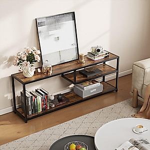 TECHMILLY Modern TV Stand for 65" TV, TV Table with Storage Shelves, Entertainment Center with Metal Frame, TV Console Table for Living Room, Bedroom, Rustic Brown