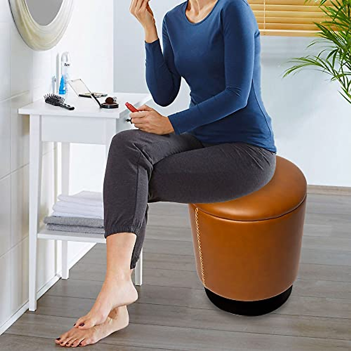 HeuGah Storage Ottoman with Storage for Living Room,Faux Leather Round Ottoman Coffee Table and Ottoman Foot Rest with Metal Rotatable Chassis (Brown)