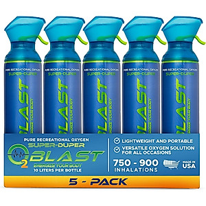 O2 Blast 95-99% Pure Oxygen, 10 Liter Portable Can 5 Pack with Custom Breathing Mask, Increase Stamina & Reduce Recovery Time, Ideal for High Altitude & Sports Recovery
