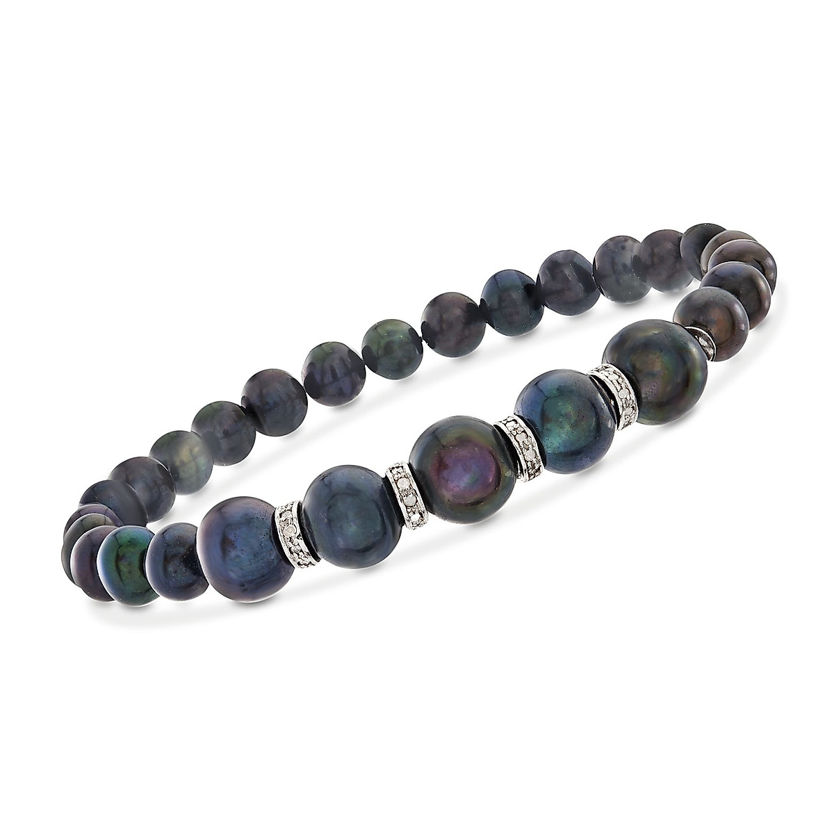 Ross-Simons 6-8.5mm Black Cultured Pearl and .25 ct. t.w. Diamond Stretch Bracelet With Sterling Silver. 7 inches