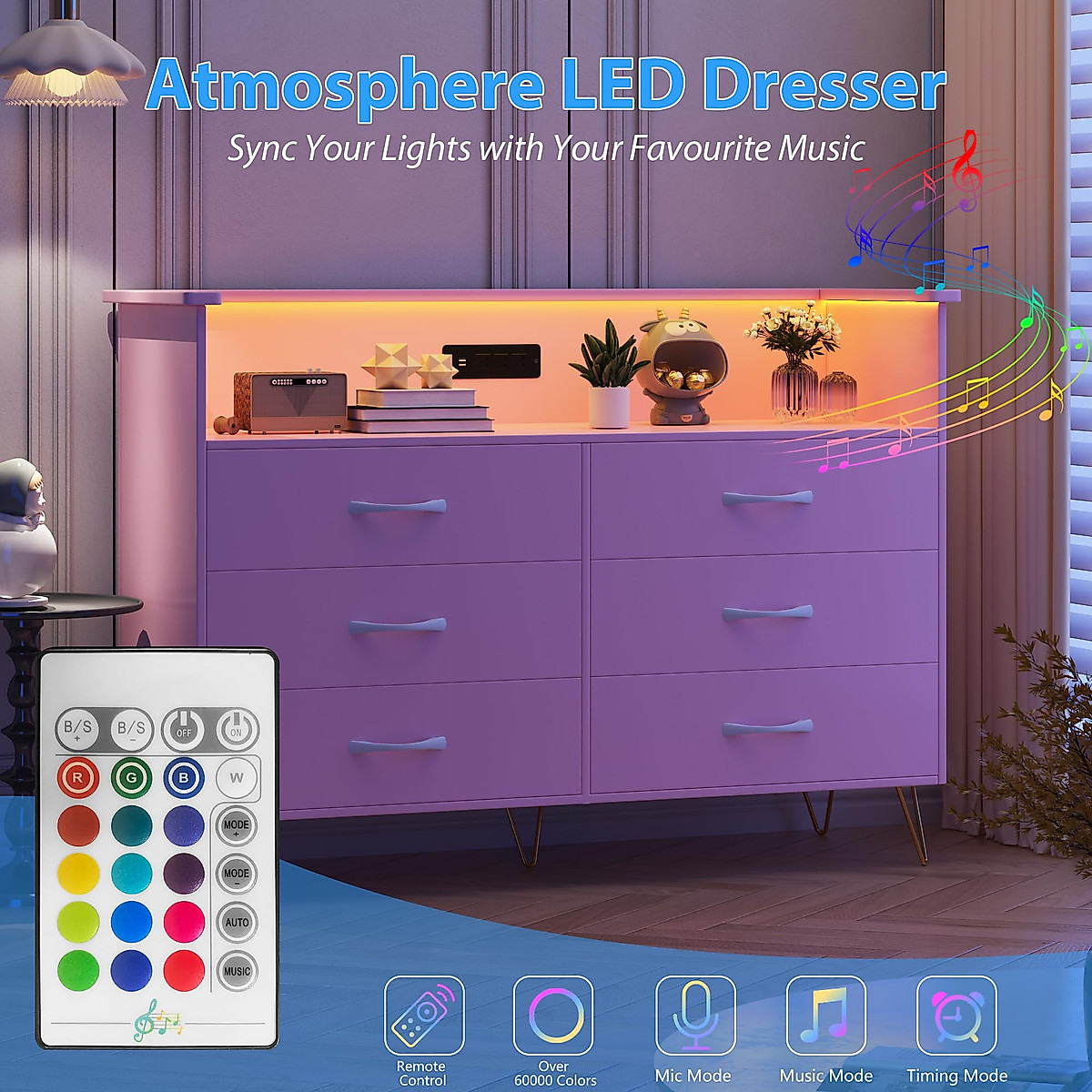 Patikuin Dresser for Bedroom with LED Light & Charging Station, 6 Drawers Wooden Dressers with Open Space, Modern Chest of Double Wide Drawers for Living Room, Entryway, Hallway TV Stand, Pink