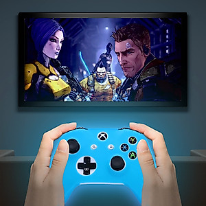 HLRAO Blue Silicone Cover Skin for Xbox One S/X Controller Glow in The Dark Anti-Slip Soft Rubber Case Protector Accessories Set with 8 Glow in The Dark Thumb Grips Caps + 2 Cute Cat Paw Caps.