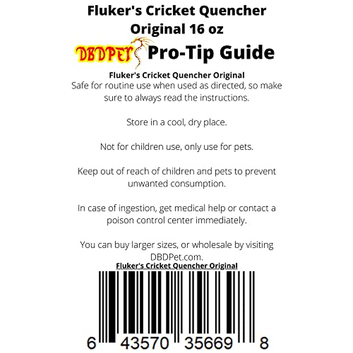 Fluker's Cricket Quencher Original Formula 16oz - Includes Attached DBDPet Pro-Tip Guide