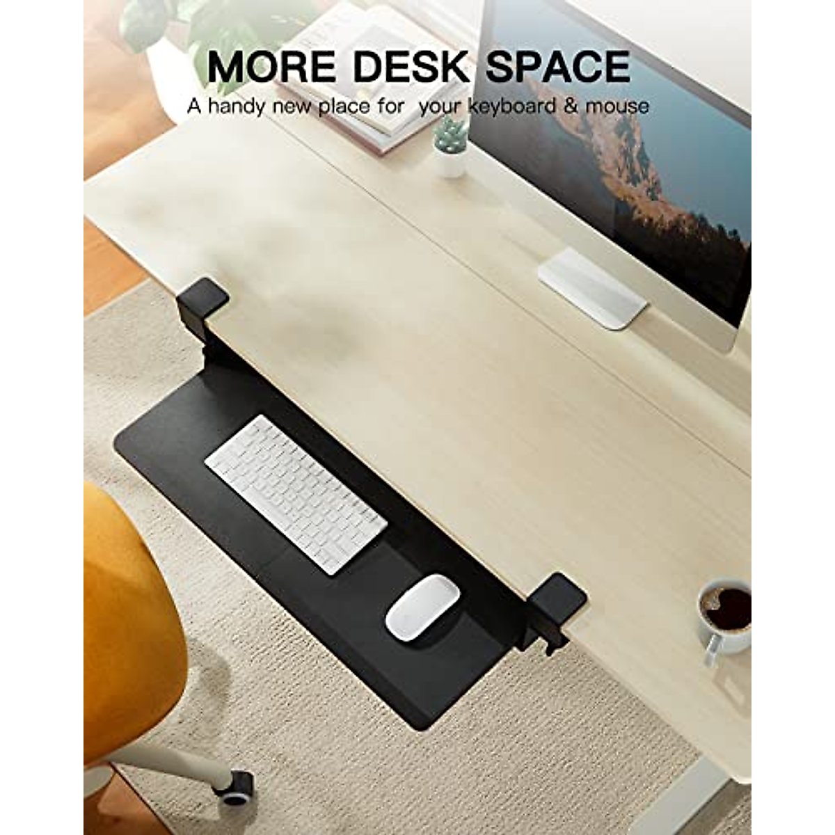 HUANUO Keyboard Tray Under Desk, Ergonomic Corner Keyboard Tray with 45° Adjustable C Clamp for L Shaped Desk, Slide Out Computer Keyboard & Mouse Tray, 27.28" W x 11.85" D, Black