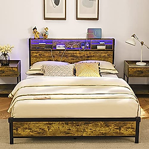 Alohappy Full Size Bed Frame with Led Bookcase Headboard and Charging Station，Metal Platform Bed Frame with RGB Light Strips, Sturdy and No Noise Easy Installation No Box Spring Needed