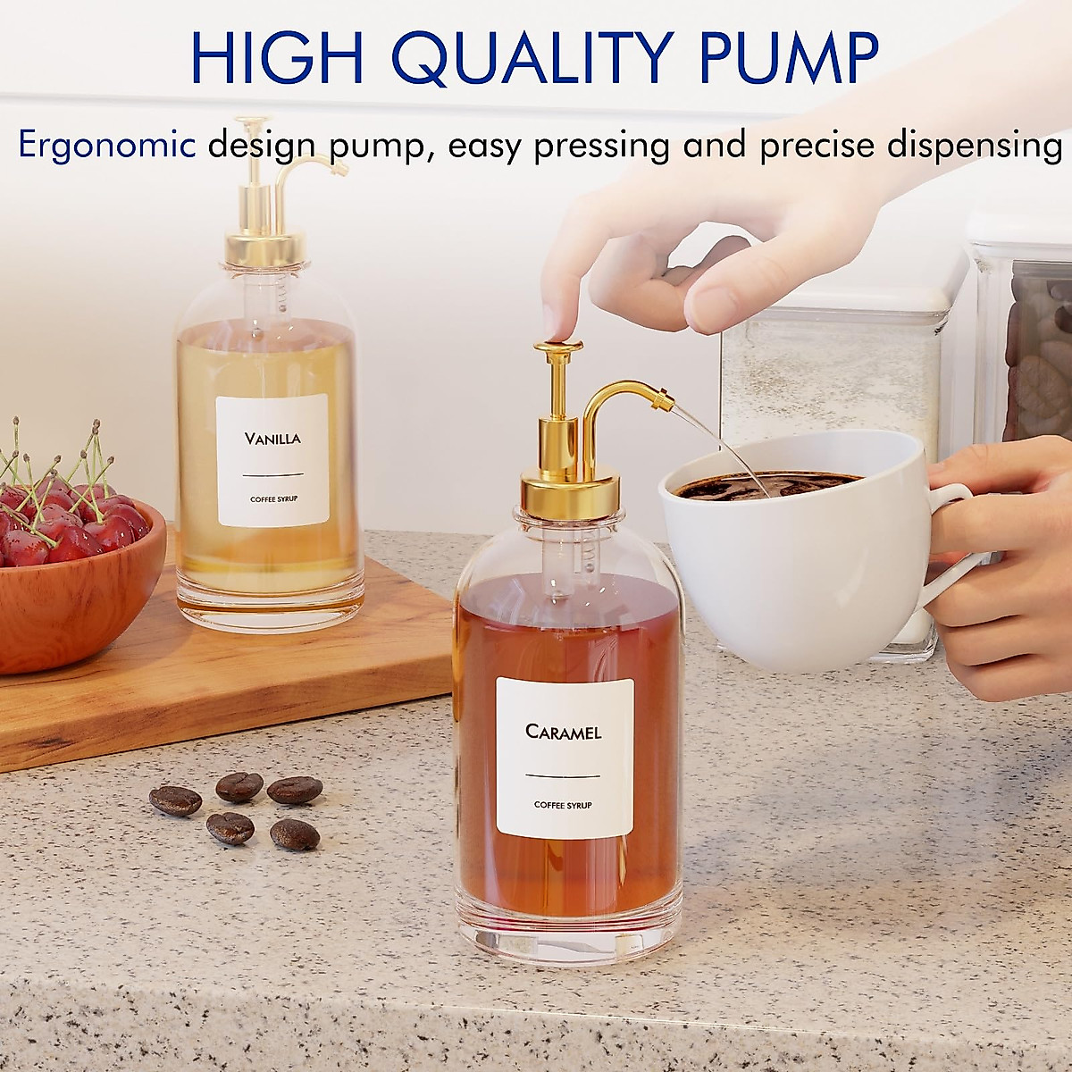 Coffee Syrup Dispenser Set- 4 Glass Bottles with Gold Pumper and Syrup Labels - Precise Dispensing and Stylish Addition to Coffee Shop, Cafe or Home Bar