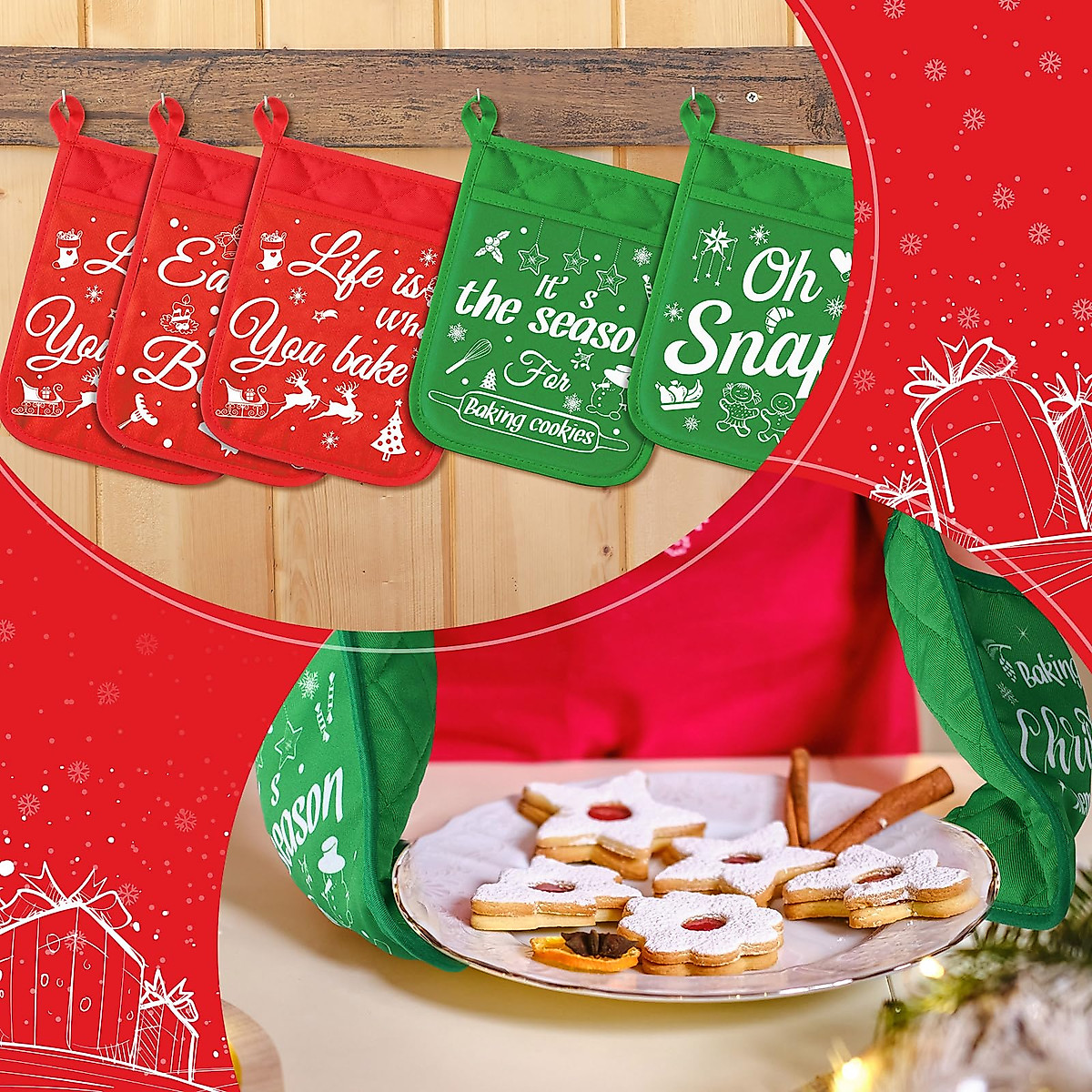 12 Pieces Christmas Pot Holders with Pocket Red Pocket Pot Holder Kitchen Hot Pad Oven Mitts Farmhouse Hot Potholders Cookie Bag Kitchen Cooking Baking