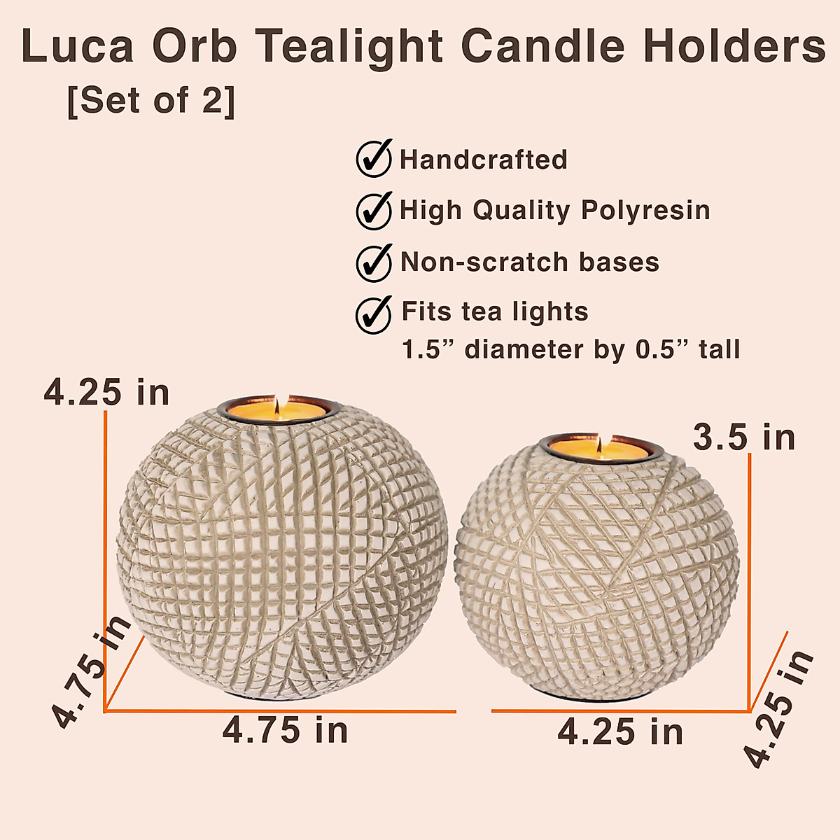 Luca Orb Candle Holders (Gift Boxed Set of 2), Table Centerpieces for Dining or Living Room, Spa, Bathroom, Kitchen Counter, Mantle or Coffee Table Decor (Grid Pattern, Beige and White)