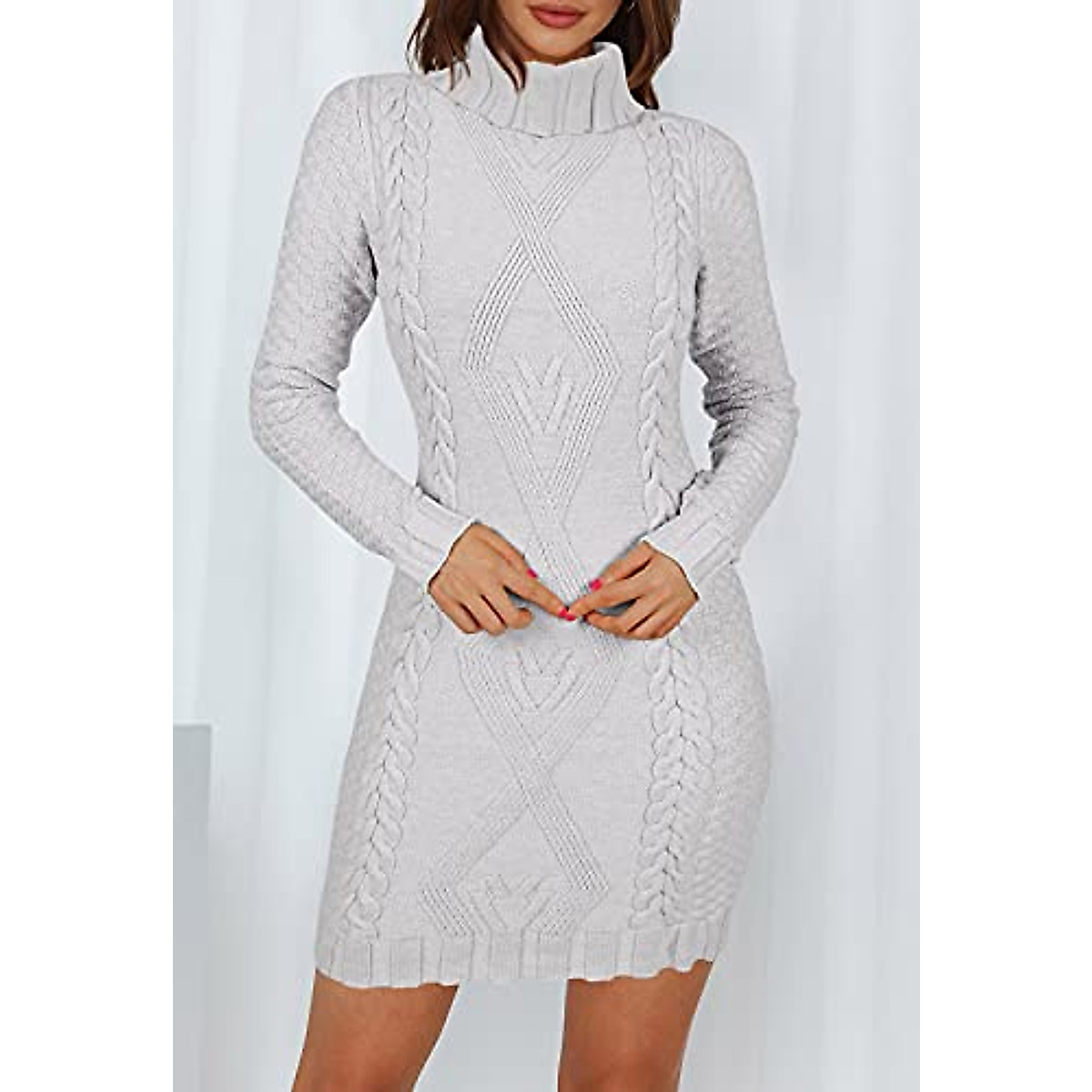 LaSuiveur Women's Slim Fit Cable Knit Long Sleeve Sweater Dress (S, Turtleneck Light Grey)