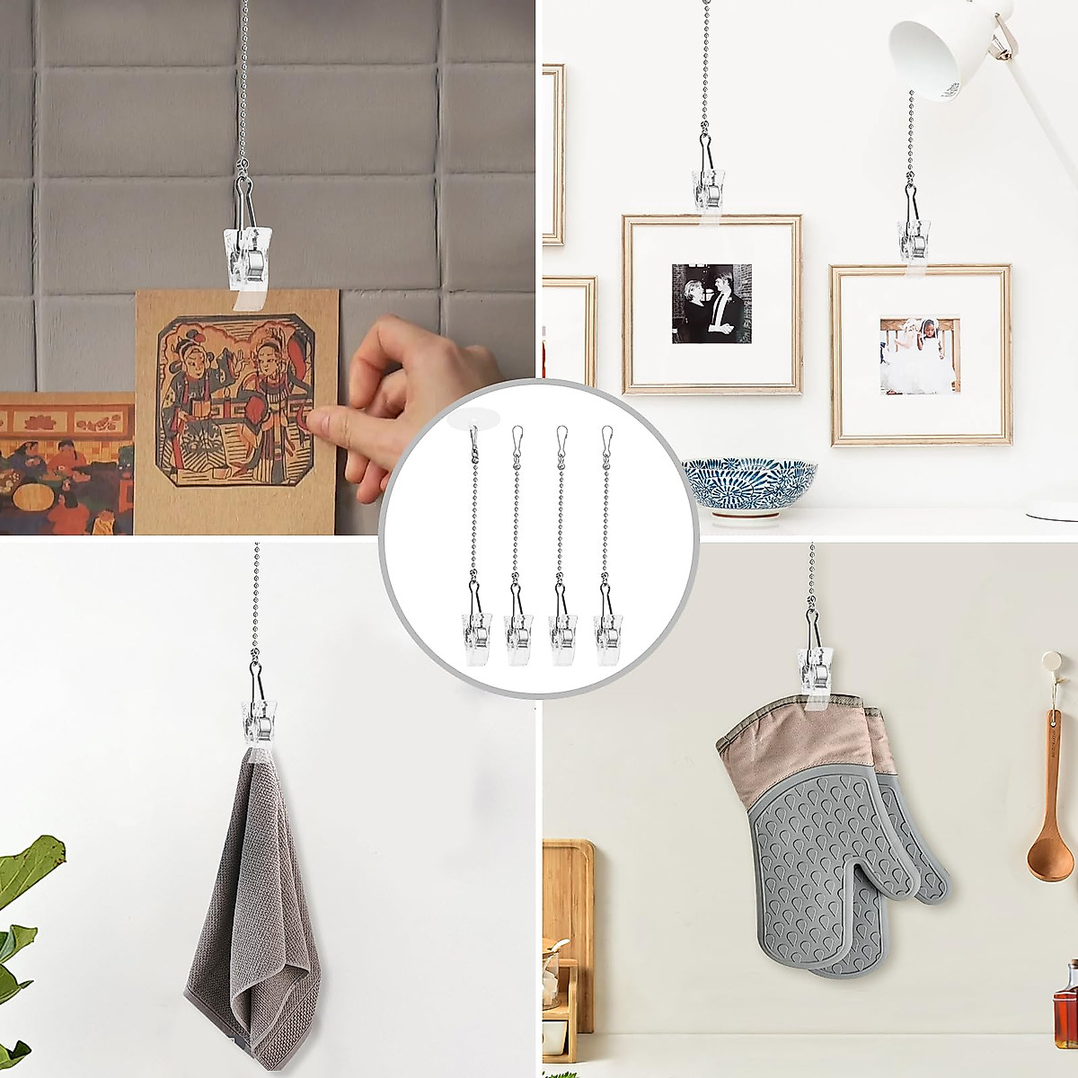 Delur 10 Pack Adhesive Ceiling Hooks & 4Pcs 4 Inch Hanging Chains, Self Adhesive Wall Hook Sticky Small Transparent Reusable Waterproof Disc Sticker Hanger for Wedding Birthday Christmas Party Decor