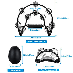 Tambourine 2 Pack 10 Inch Double Row Tambourine Metal Jingles Hand Held Percussion with 2 Foot Tambourine, 8 Egg Shaker, Half Moon Music Tambourine for Adult KTV Party (Black)