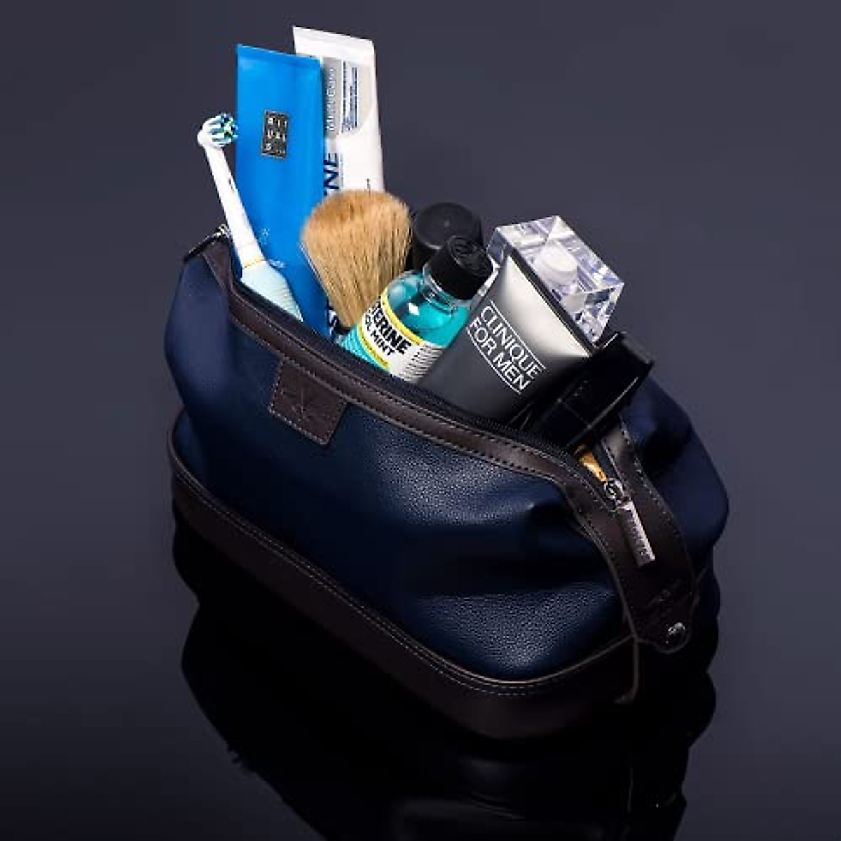 Vetell Leo Large Leather Men's Travel Toiletry and Shaving Case Bag with Upper and Lower Zippered Compartments, 3 Interior Loops and Carrying Handles