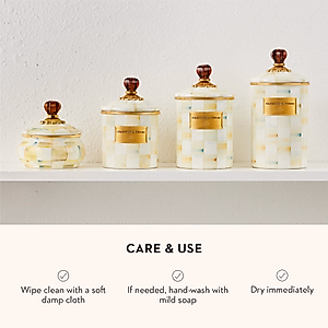 MACKENZIE-CHILDS Parchment Check Enamel Canister, Yellow-and-Cream Kitchen Storage Container with Lid, Small