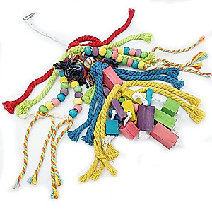 GILYGI 20.5 inch Parrot Chewing Toys - Parrot Cage Toys Wooden Block Tearing and Cotton Rope Toys for Small Medium and Large Parrot Conures Cockatiels African Grey Amazon and Macaw Parrots