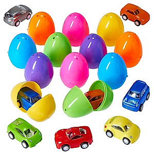 PREXTEX Stuffed Easter Eggs with Mini Pull-Back Car Inside - Plastic Easter Eggs Stuffed - Easter Egg Fillers for Toddlers - Easter Toys Basket Stuffers/Fillers - Easter Gift/Presents Stuffed Eggs