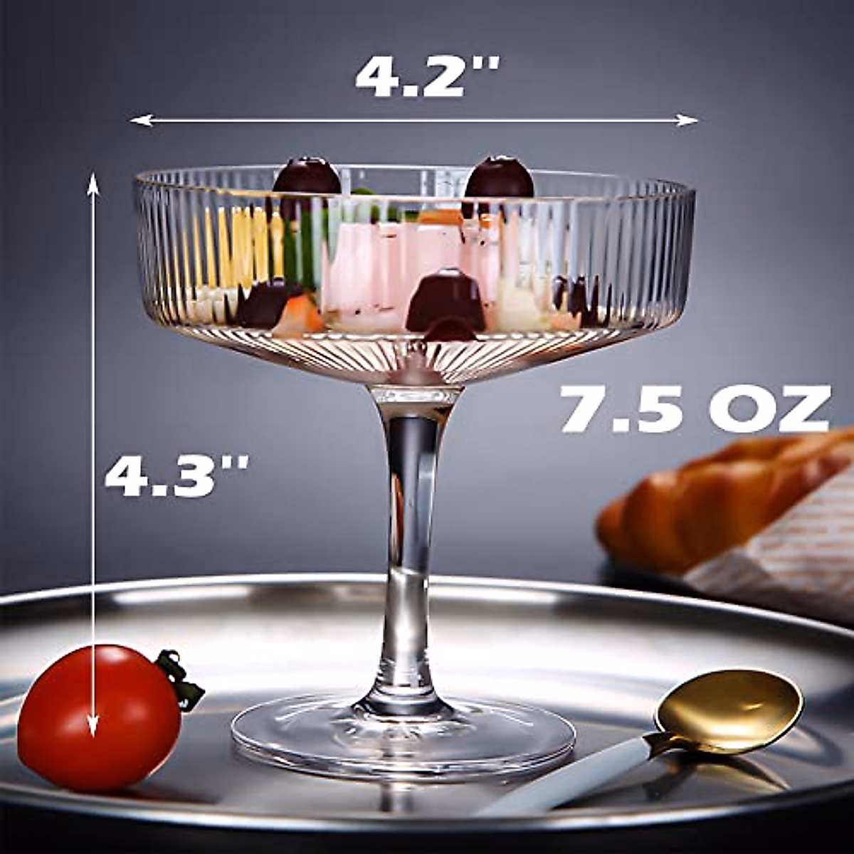 Montex 6 Pcs Ribbed Coupe Glasses, 7.5 oz Classic Vintage Cocktail Galssware, Pefect for Cocktail, Champagne and Gift