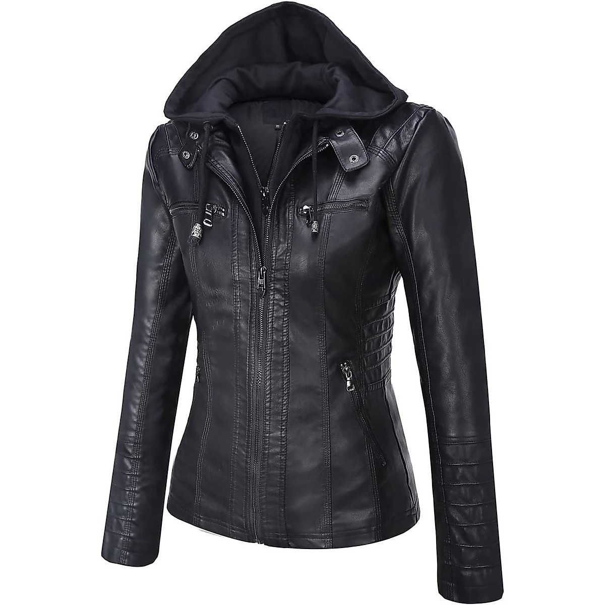 Springrain Women's Faux Leather Jacket Moto Biker Coat with Detachable Hood Motorcycle Jacket (Medium, Black)