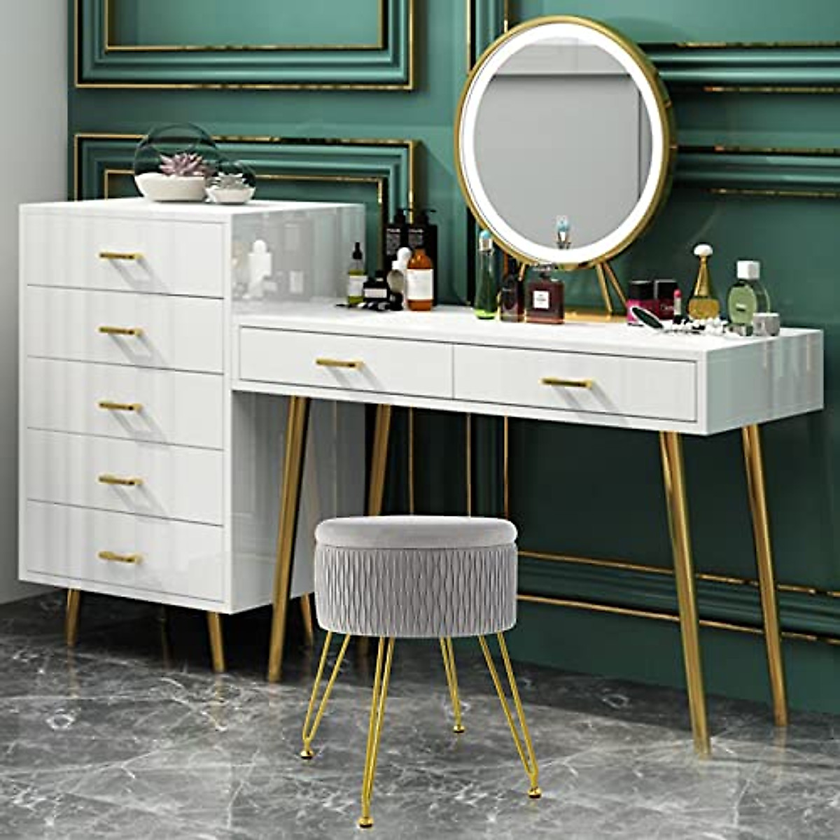 GERANT Velvet Storage Ottoman Vanity Stools - Multifunctional Upholstered Pleated Round Footrest with Golden Metal Legs,Removable Coffee Table Top Cover,Suitable for Living Room,Bedroom(Gray)