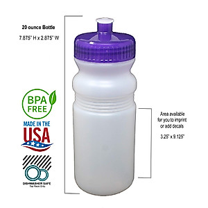 Rolling Sands 20 Ounce Sports Water Bottles 24 Pack, BPA-Free, Made in USA, Dishwasher Safe, Clear Frost Bottles/Purple Lids