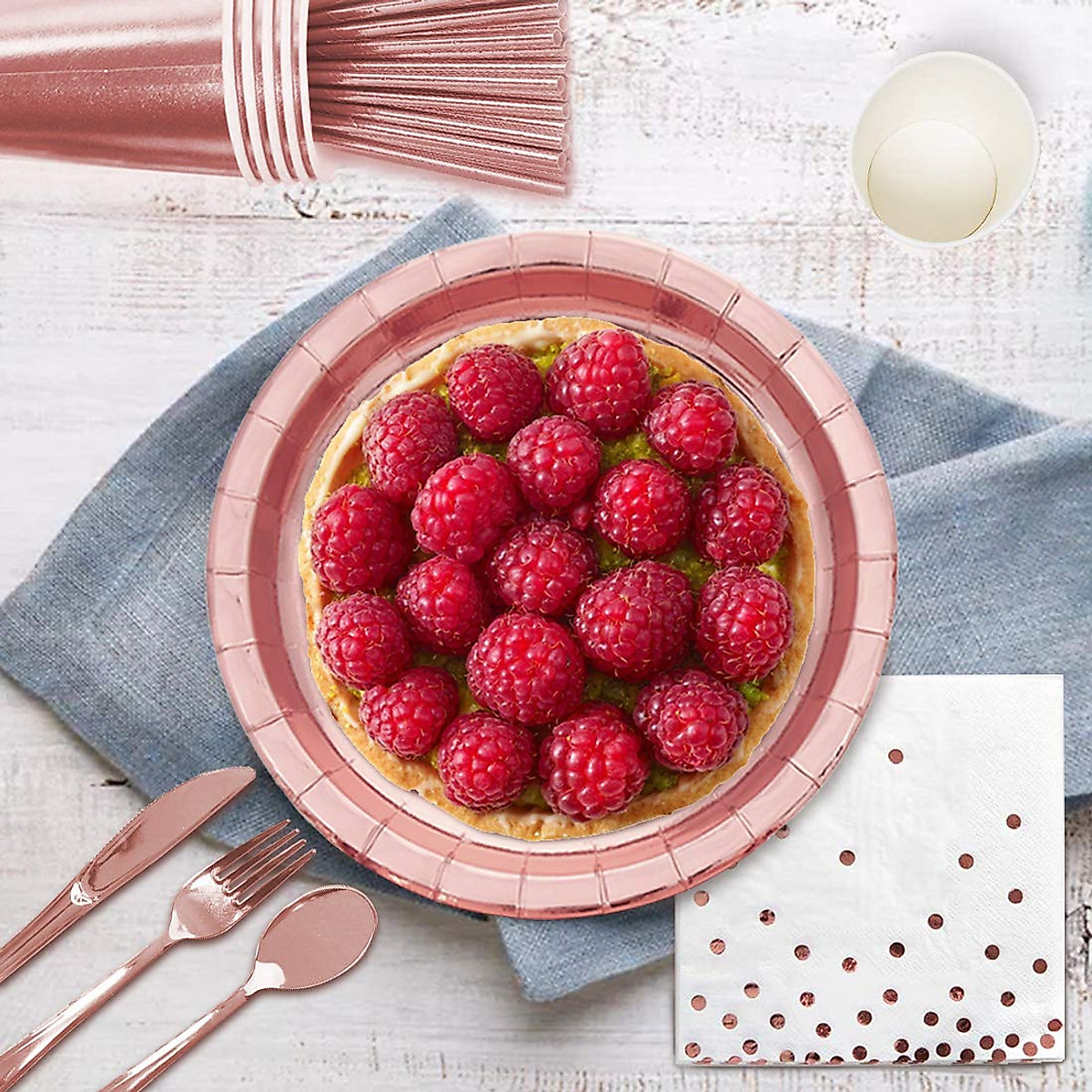 Rose Gold Birthday Party Favors for Women Rose Gold Plates and Napkins Party Supplies,Disposable Paper Plates and Cups Set for First Day of School,Bridal Shower,Baby Showers,Christmas, Serves 20