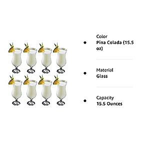 epure Venezia Collection 8 Piece Hurricane Glass Set - Perfect for Drinking Pina Coladas, Cocktails, Full-Bodied Beer, Juice, and Water (Pina Colada (15.5 oz))