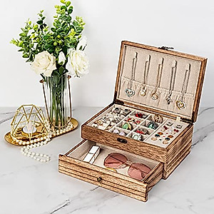 Pinzoveco Jewelry Box for Women, Rustic Wooden Jewelry Organizer Box for Storage Earrings Rings Necklace Bracelet, Farmhouse Style Wood Jewelry Boxes & Organizers (Torched Wood Color)