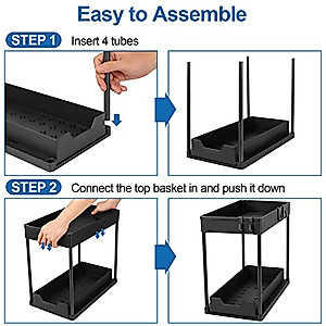 Sifxouped Under Sink Organizers and Storage, Two Tier Pull Out Cabinet Organizer with Hooks, 2 Pcs Under Sink Cabinet Basket with Sliding Drawers, Kitchen Bathroom, Black