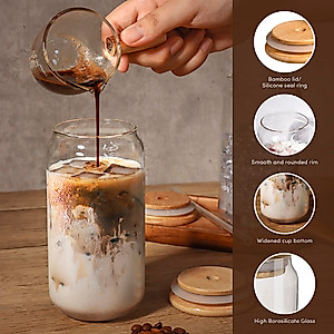 wirsh Drinking Glasses, 4pcs 18oz Can Shaped Glass Cups with Bamboo Lids and Glass Straw,Cute Tumbler Cups for Iced Coffee, Beer, Tea, Coffee Bar Accessories, Giftable