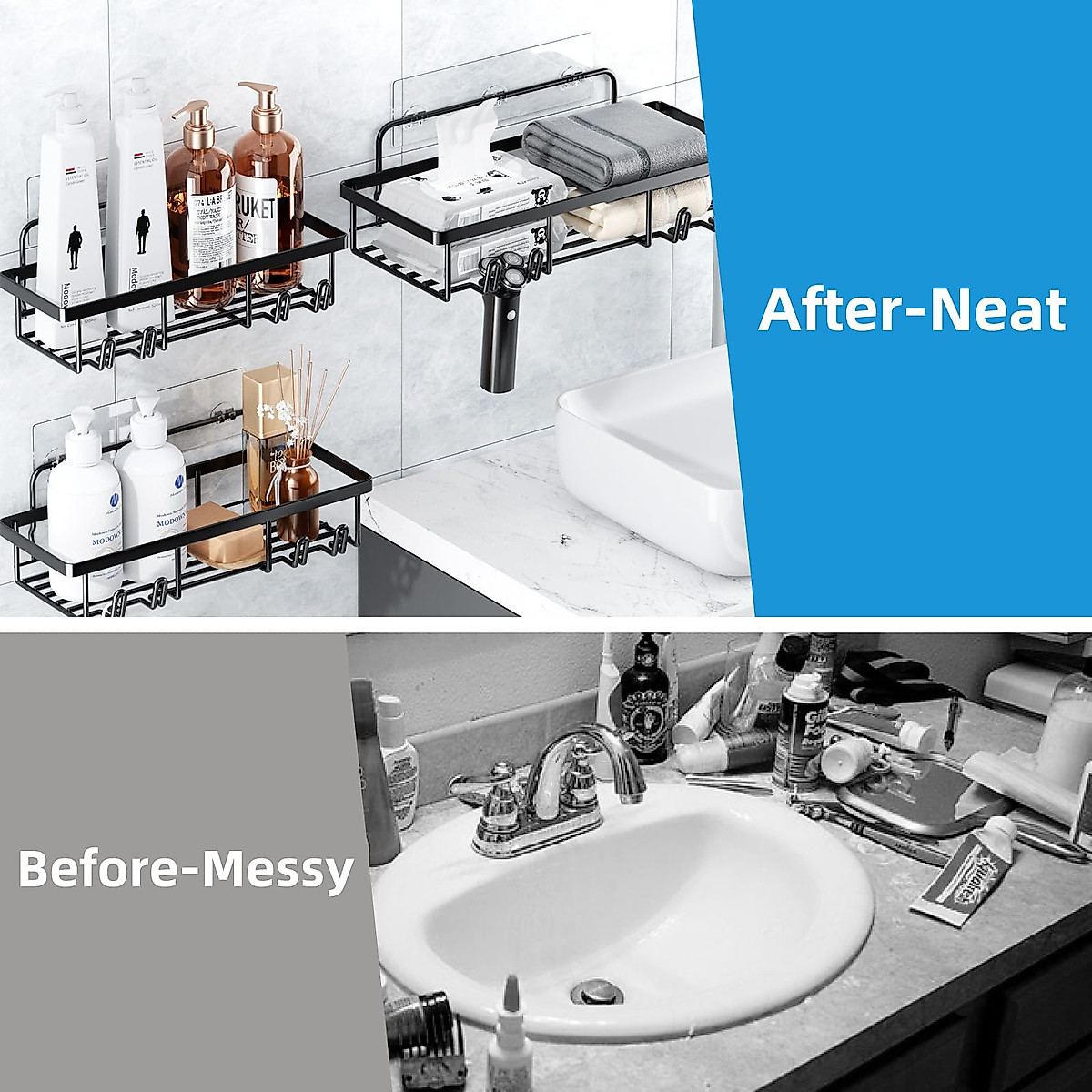 PLEDDANIO Adhesive Shower Caddy - 5 Pack Shower Shelf for Inside Shower, No Drilling Shower Rack with Hooks, Large Capacity Bathroom Accessories Organizer, No Drilling Wall Mounted Rack