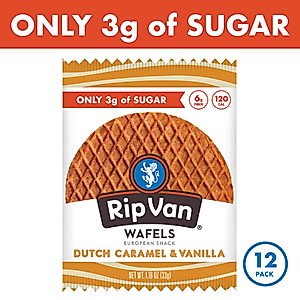 Rip Van WAFELS Dutch Caramel & Vanilla Stroopwafels, Healthy Non GMO, Low Calorie / Sugar Office Snacks, Keto Friendly, (3g), 12 Count (Packaging May Vary)