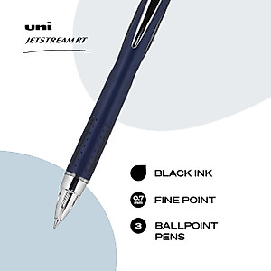 uni-ball Jetstream RT Retractable Ballpoint Pens Fine Point, 0.7mm, Black, 3 Pack
