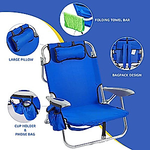 Canpsky Portable Beach Chair for Adults, 4 Position Backpack Folding Camping Chairs for Outdoor, Beach Chairs with Backpack Straps,Blue…