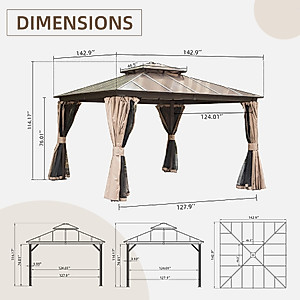 Domi Outdoor Living 12’ x 12’ Hardtop Gazebo, Outdoor Aluminum Frame Canopy with Polycarbonate Double Roof, Outdoor Permanent Metal Pavilion with Curtains and Netting for Patio, Backyard and Lawn