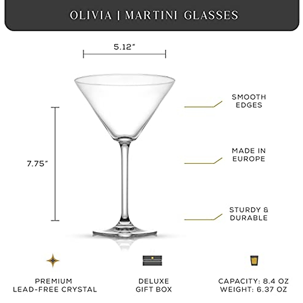 JoyJolt Olivia Crystal Martini Glasses - Premium Glassware Set Made in Europe - 9.2 oz Tall Martini Glasses - Elegant Cocktail Glasses - Set of 2 Martini Glass for Drinks such as Martini or Manhattan