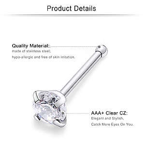 Cisyozi 18G Nose Rings Stud Piercings Jewelry for Women Stainless Surgical Steel Nose Stud 18 Gauge Opal Straight Heart Nose Nostril Ring Stud Pin Bone Piercing Jewelry Women Men Diamond 2MM 7MM