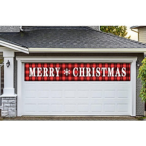 Large Merry Christmas Banner, Red Buffalo Plaid Yard Christmas Banner, Christmas Decorations for Outdoor Indoor, Xmas Party Decoration Supplies (9.8 x 1.6 feet)