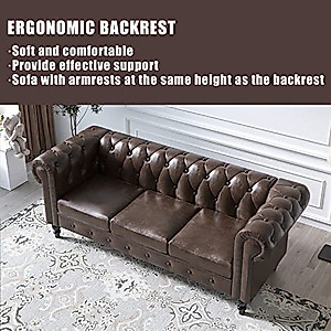 MGH 84'' PU Faux Leather Chesterfield Sofa, Mid-Century 3 Seats Top Grain Living Room Couch, Deep Button Tufted Modern Sofas Couches with Rolled Arm Settee for Bedroom, Brown (110PU)