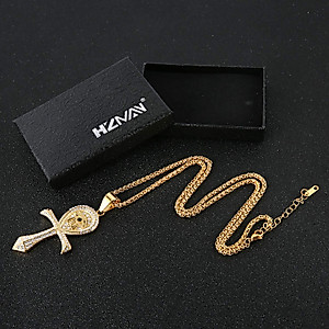 HZMAN CZ Eye of Horus Egypt Protection Pendant Coptic Ankh Cross Religious Stainless Steel Necklace (Gold)