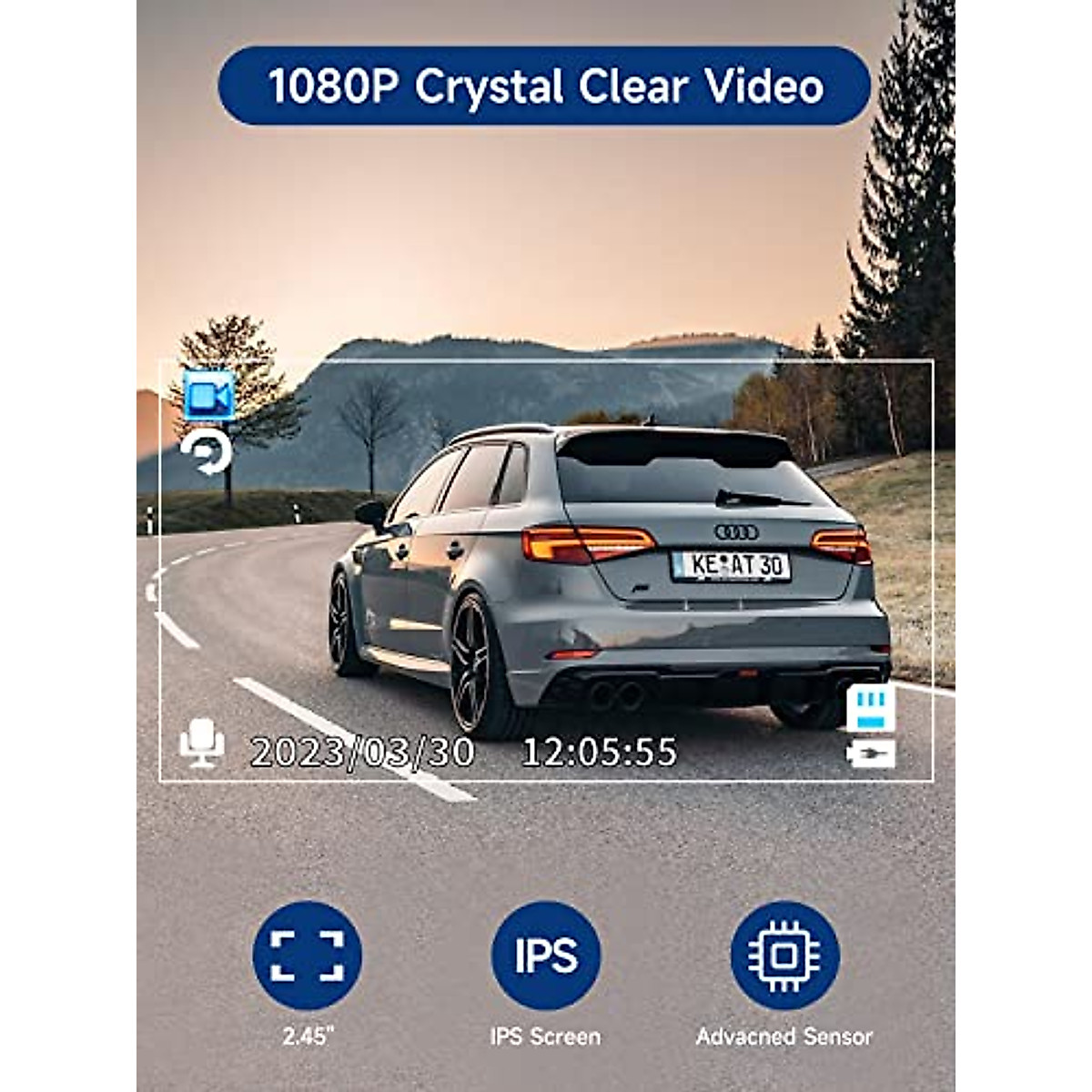 Dash Cam, FHD 1080P WiFi Dash Camera for Cars with 32GB SD Card, 2.45 inch IPS Screen, 2 Mounting Ways, Night Vision, WDR, Accident Lock, Loop Recording, Parking Monitor
