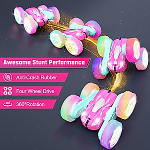 28℃ Remote Control Car for Boys, Drift High Speed RC Cars, 4WD 2.4Ghz Rechargeable RC Truck with Double Sided 360 Flips and Headlights Wheel Lights, Off-Road Stunt Toy Car for Kids Boy Girls Pink