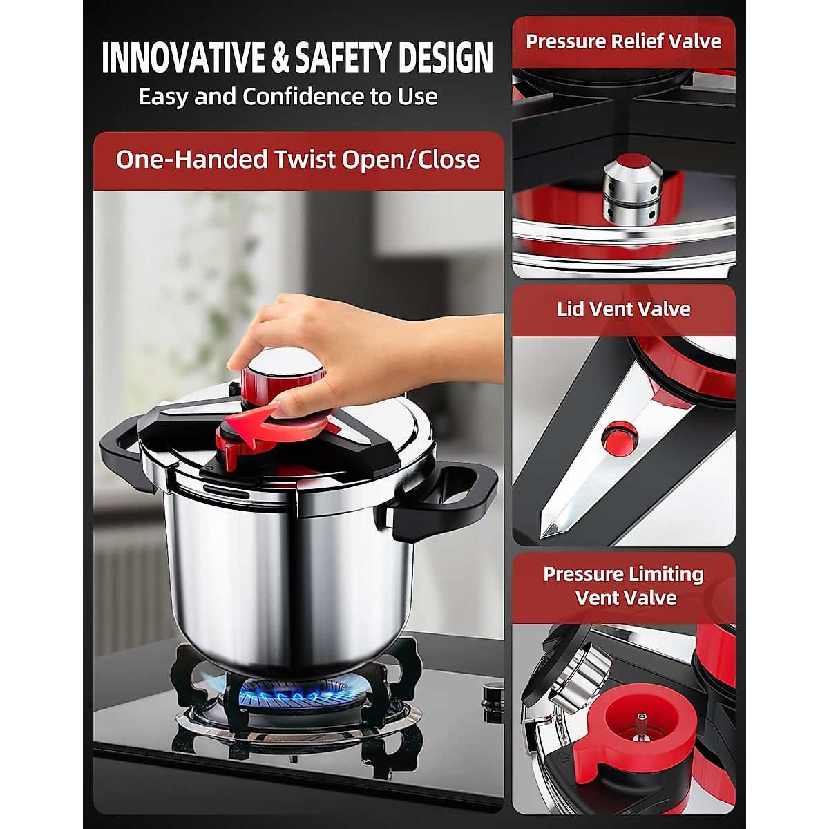 3-In-1 304 Stainless Steel Pressure Cooker 8 QT: [Explosion-Proof] [3 PSI Settings], One-Hand Locking, Induction Compatible, Glass Lid & Steamer Rack Included, Olla de Presion