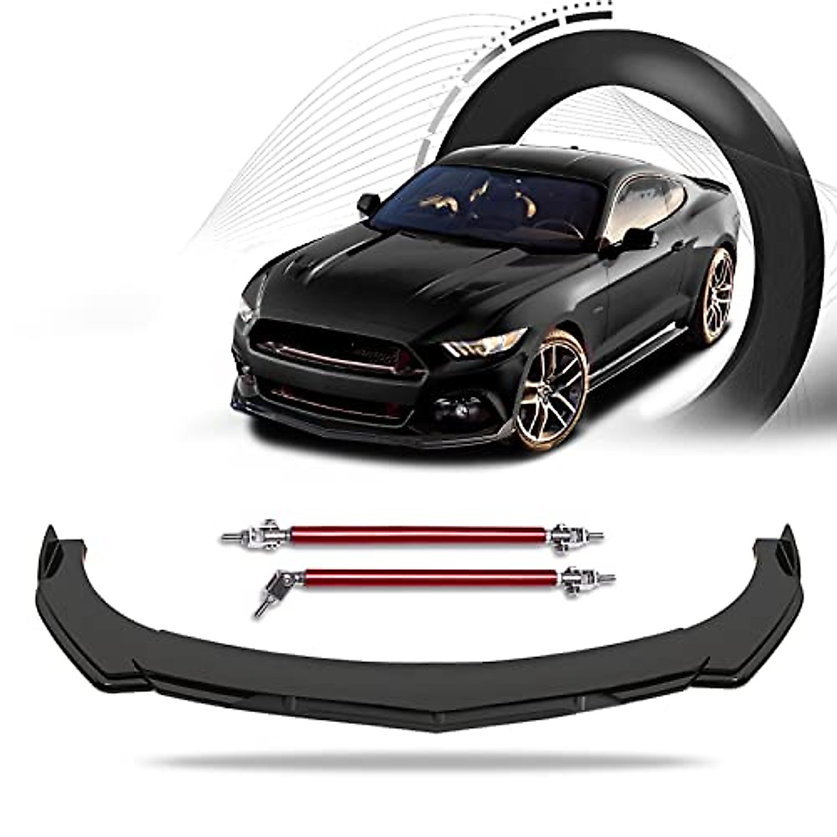 DREAMIZER Universal Front Splitter Lip Chin Spoiler Protector Lip Kitwith 8"-11" Strut Rod(Red) Universal Fit - Gloss Black,Black Tongue