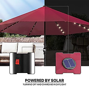 MoNiBloom 9 ft Patio Umbrellas Solar LED Lighted Patio Market Crank Lift Water-proof Umbrella with 8 Ribs and Sturdy Pole for Yard Garden Poolside Patio, Burgundy