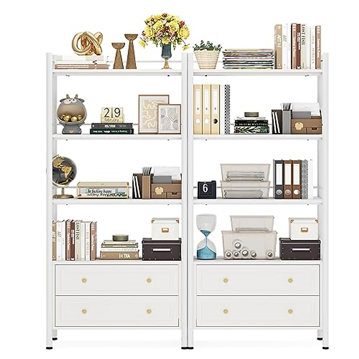 Tribesigns Bookshelf with Drawers Set of 2, 68.1" Industrial Bookcase 2 Drawers, White 4 Shelf Open Shelf for Storage, Wood Open Display Book Shelf for Living Room, Bedroom, Home, Office, 2 Pcs