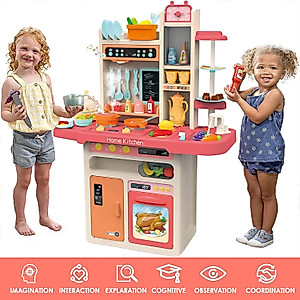 Roxie Play Kitchen Set for Girls, Pink Kitchen with Realistic Lights & Sounds, Play Sink with Runnng Water, Cooking Stove with Steam, 65 PCS Jumbo Kitchen Toys for Kids