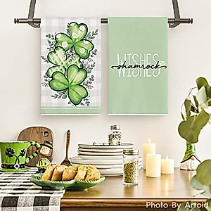 Artoid Mode Buffalo Plaid Eucalyptus Leaves Clover Shamrock Wishes St. Patrick's Day Kitchen Towels Dish Towels, 18x26 Inch Seasonal Decoration Hand Towels Set of 2