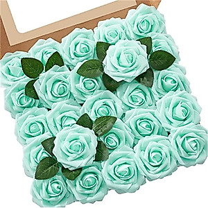 Watonic Rose Soap Flower Gift Box Artificial Flowers Rose Plus Leaf Belt Rod 25 Flowers Packed Rose Head Faux Outdoor Fall Flowers Floral Silk (Green, B)