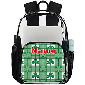 Herdesigns St Patricks Da Personalized Clear Backpack Plaid Lucky Clover Green Shamrocks Custom Large Clear Backpack Heavy Duty PVC Transparent Backpack with Reinforced Strap See Through Backpacks