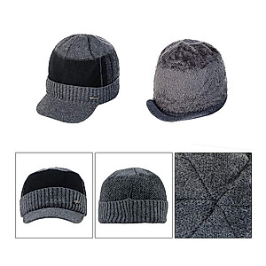YOYEAH Men's Outdoor Newsboy Hat Winter Warm Thick Knit Beanie Cap Fleece Lined Skull Ski Cap with Visor Blue