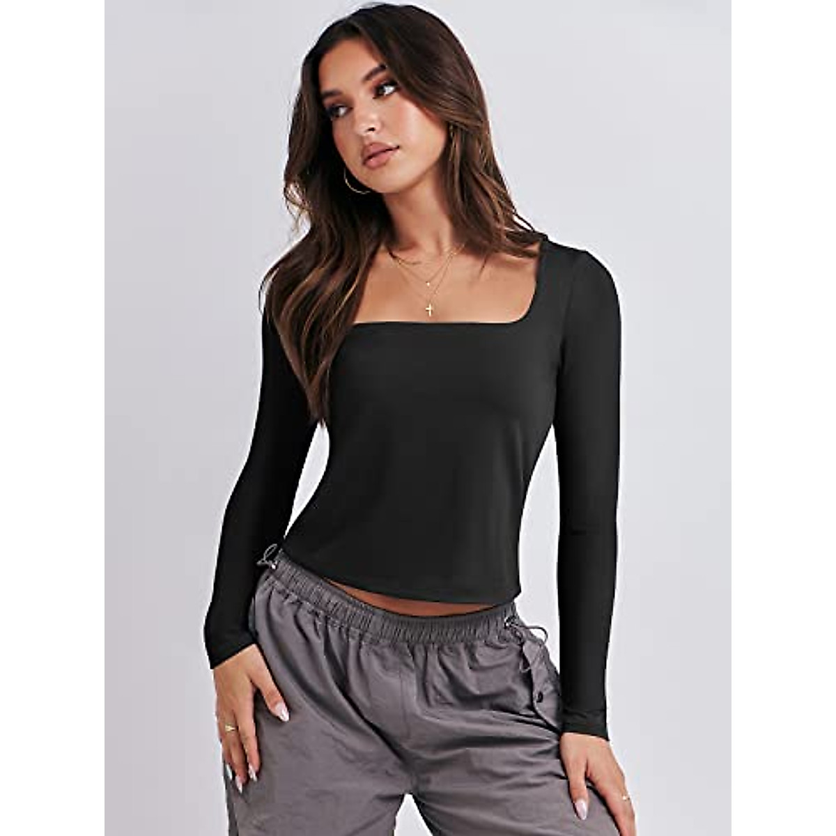 ANRABESS Crop Top for Women Long Sleeve Corset Workout Tees Basic T-Shirt Square Neck Fitted Sexy Going Out Shirt Tops Y2K Clothes 1040heise-M Black